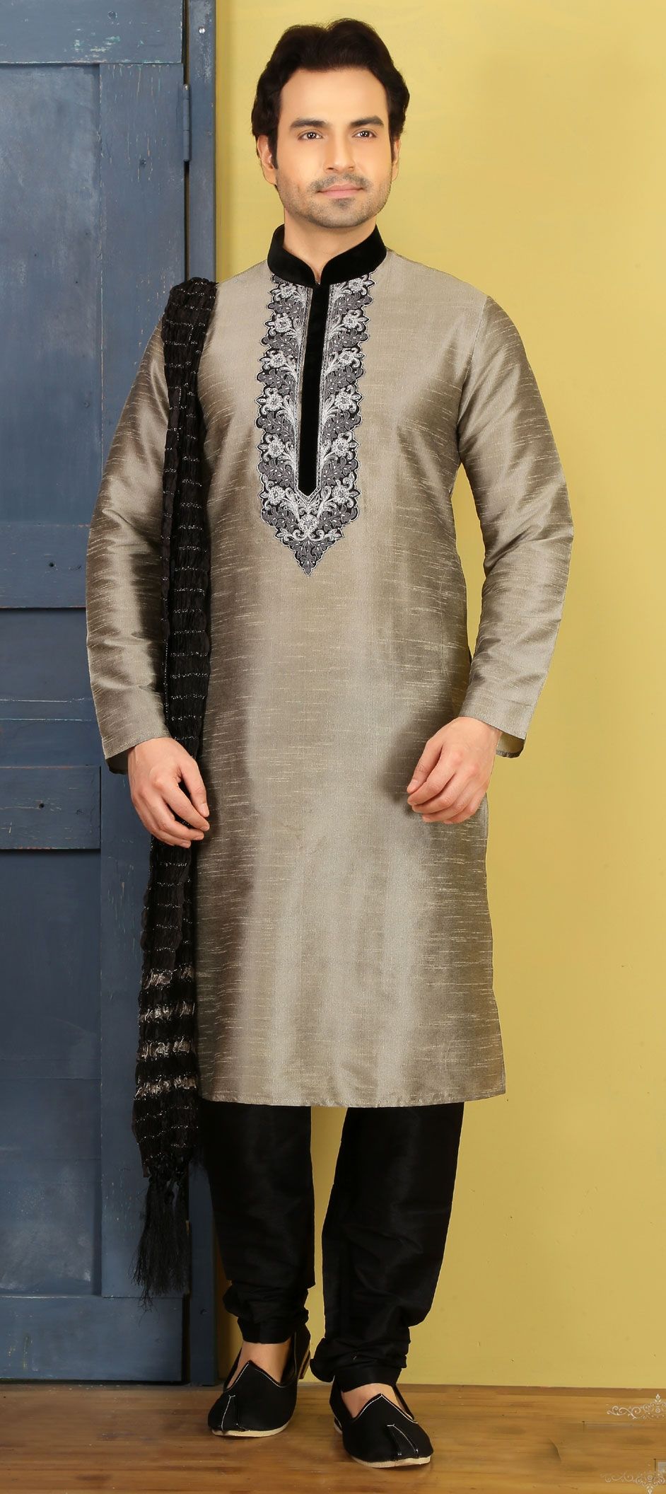 1500479: Gold color Art Dupion Silk fabric Kurta Pyjamas