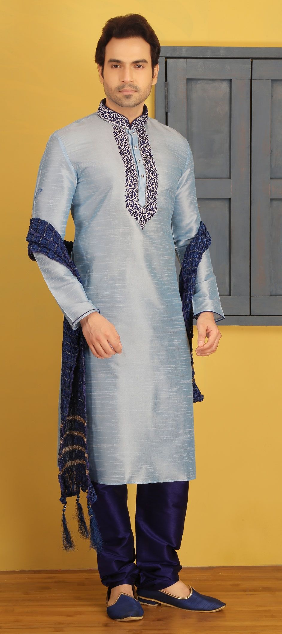 Blue color Art Dupion Silk fabric Kurta Pyjamas : 1500525