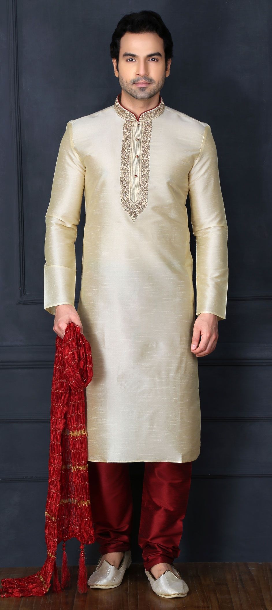 1500527: Beige and Brown color Art Dupion Silk fabric Kurta Pyjamas