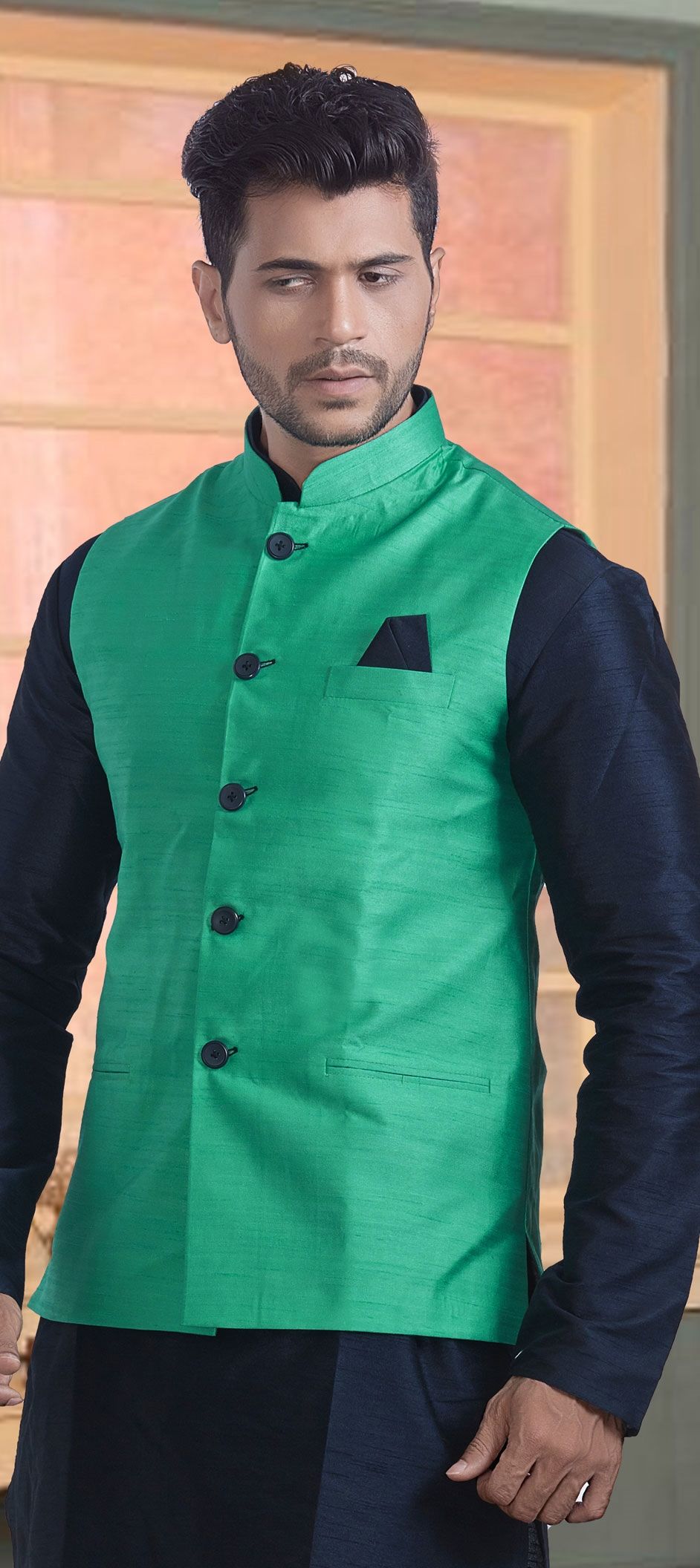 1501303: Blue color Silk fabric Nehru Jacket