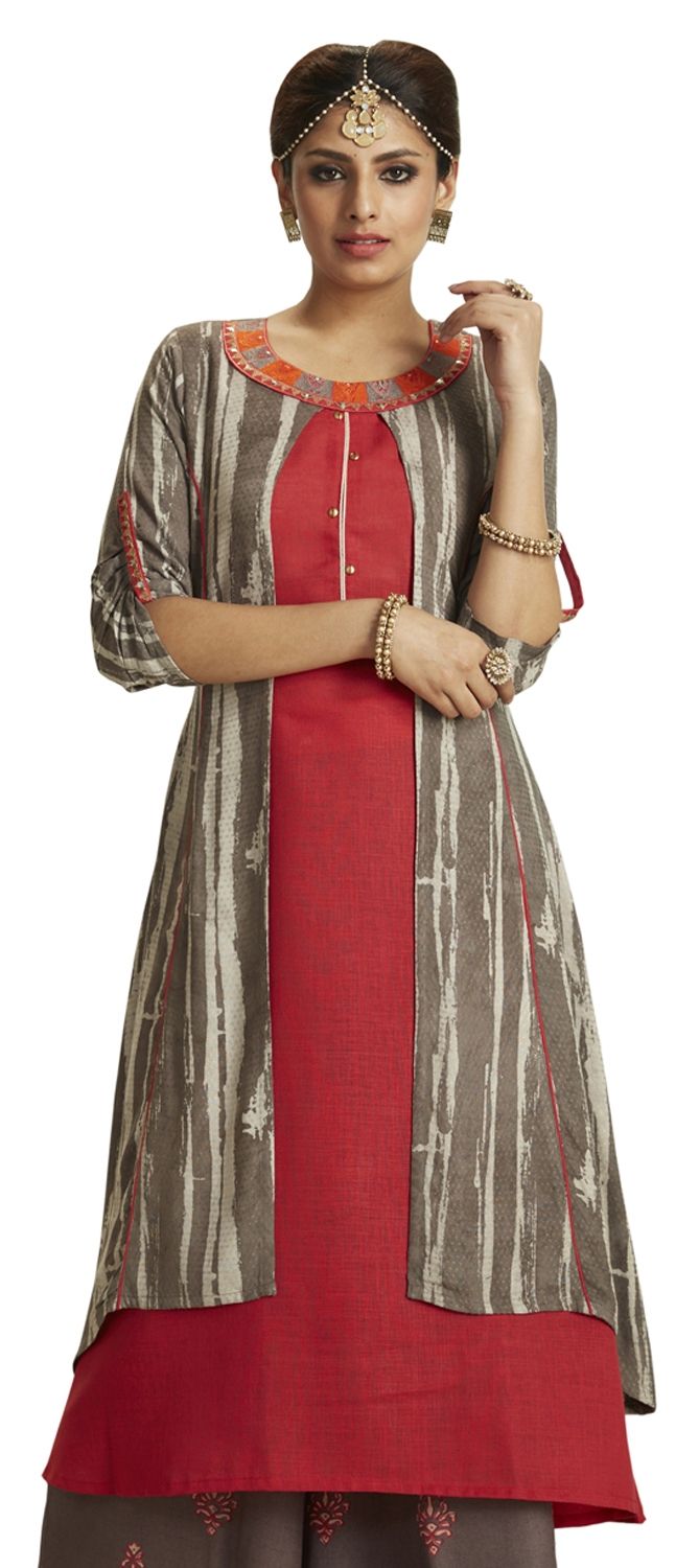 1502345: Beige and Brown, Red and Maroon color Kurti