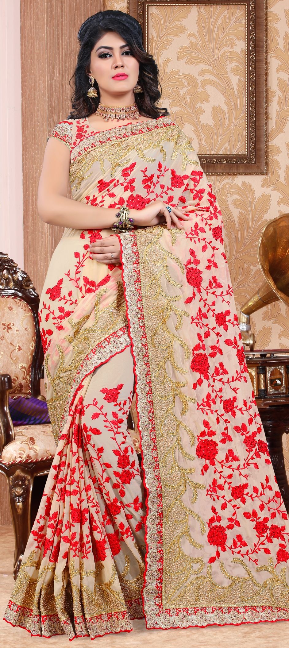 1505542: Wedding Beige and Brown color Georgette fabric Sarees