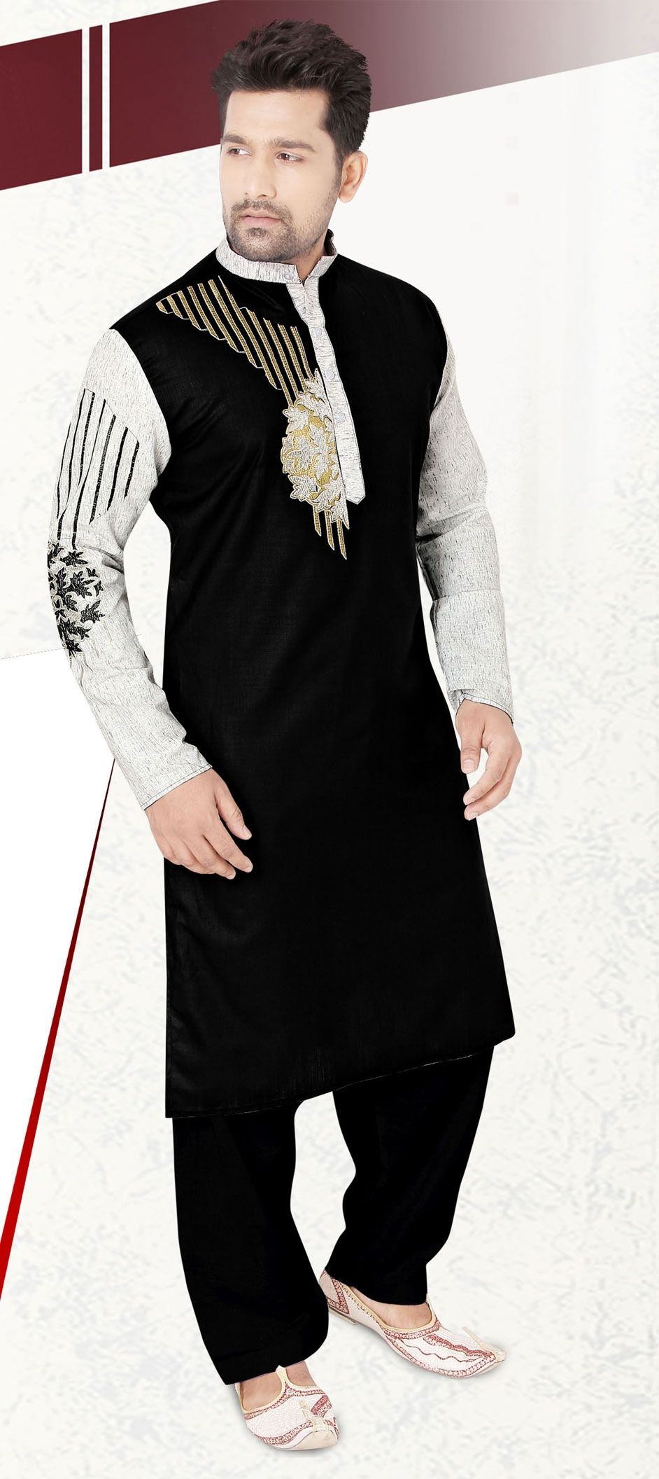 1510116: Black and Grey color Polyester Silk fabric Kurta Pyjamas