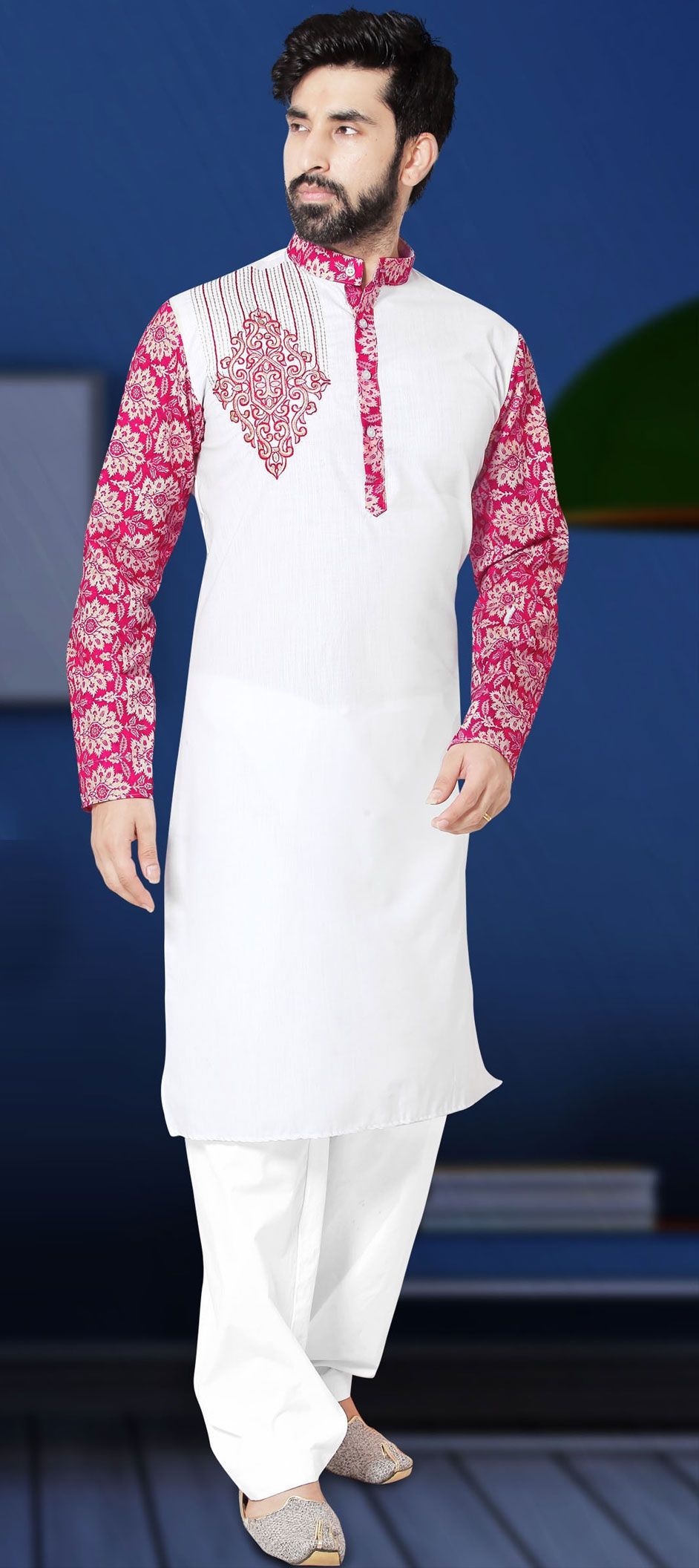 1510146: White and Off White color Polyester Silk fabric Kurta Pyjamas