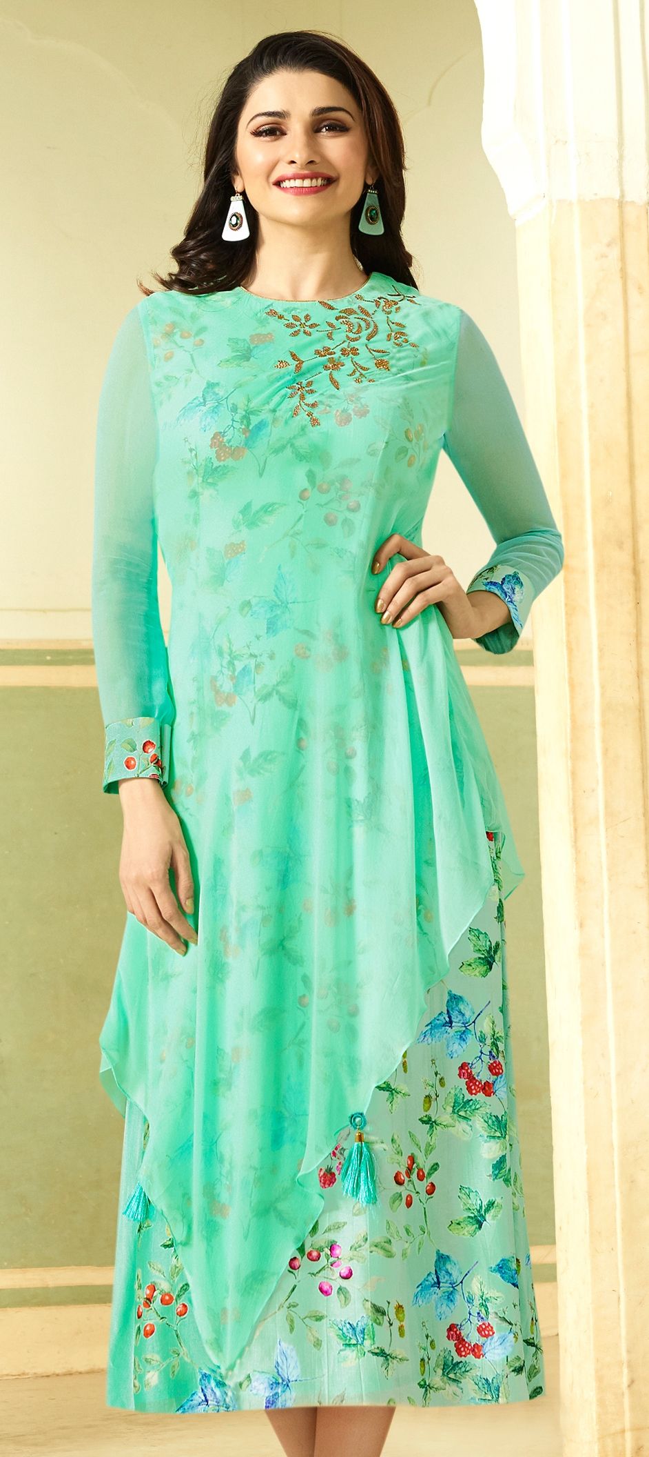 1510296: Casual Blue color Crepe Silk, Faux Georgette fabric Kurti