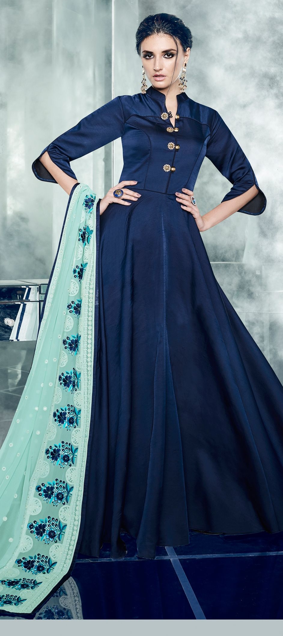 1511125: Party Wear Blue color Satin Silk fabric Gown