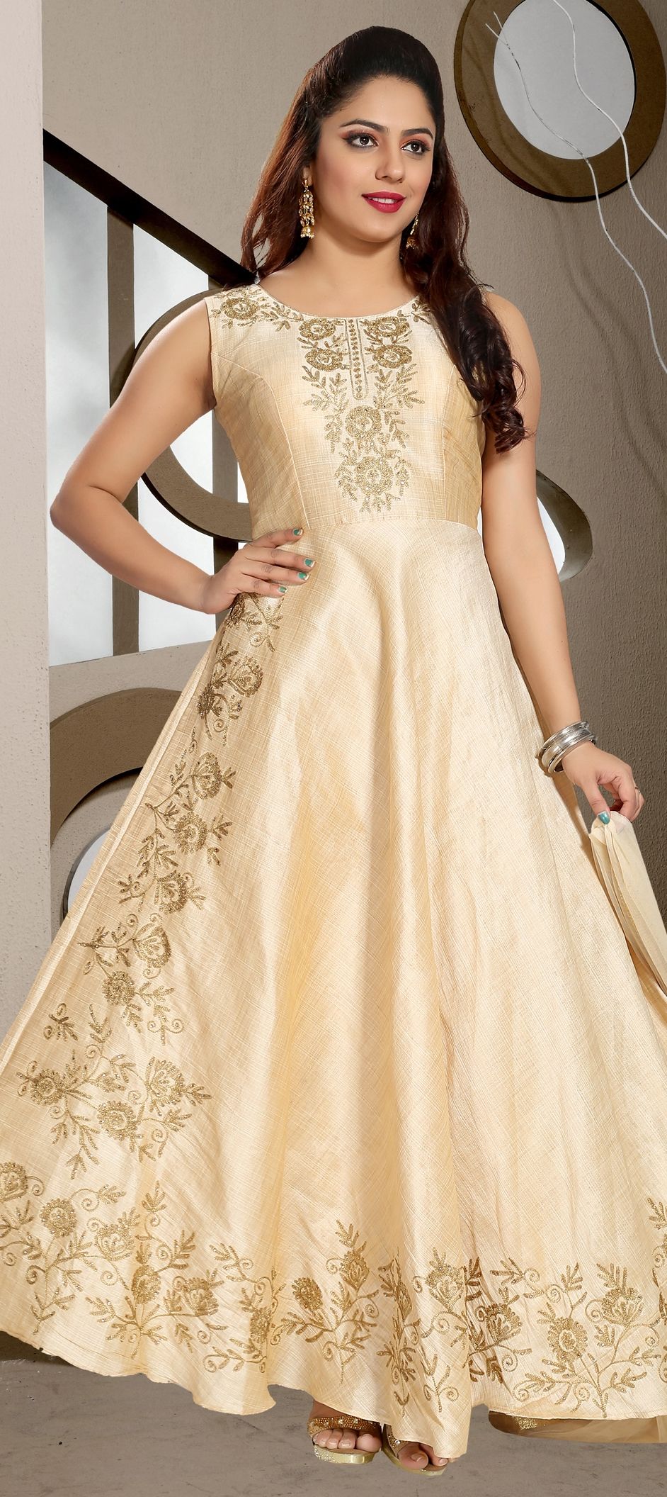 Wedding Beige and Brown color Art Silk fabric Gown : 1511632