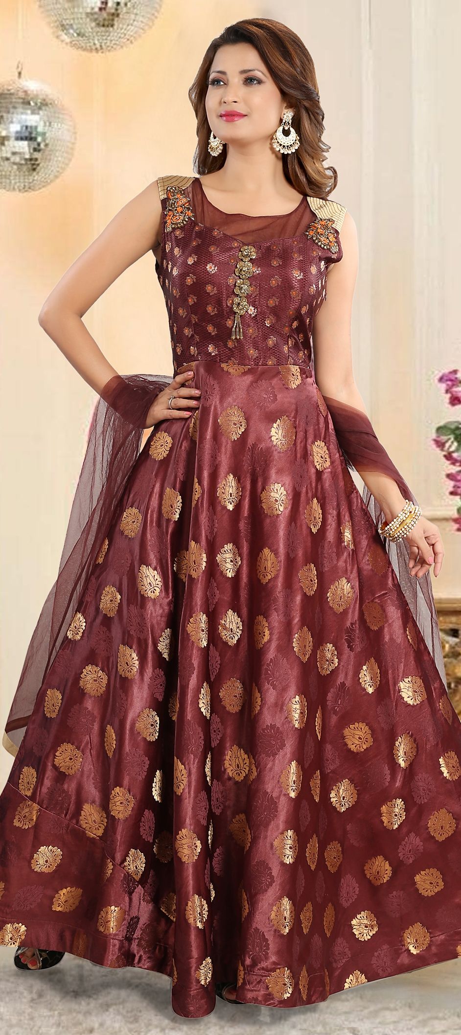 Wedding Beige and Brown color Brocade fabric Gown : 1511634