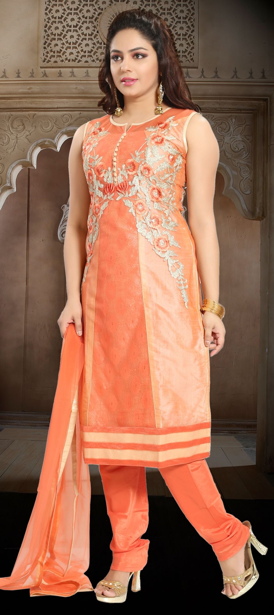 1512364: Casual Orange color Net fabric Salwar Kameez