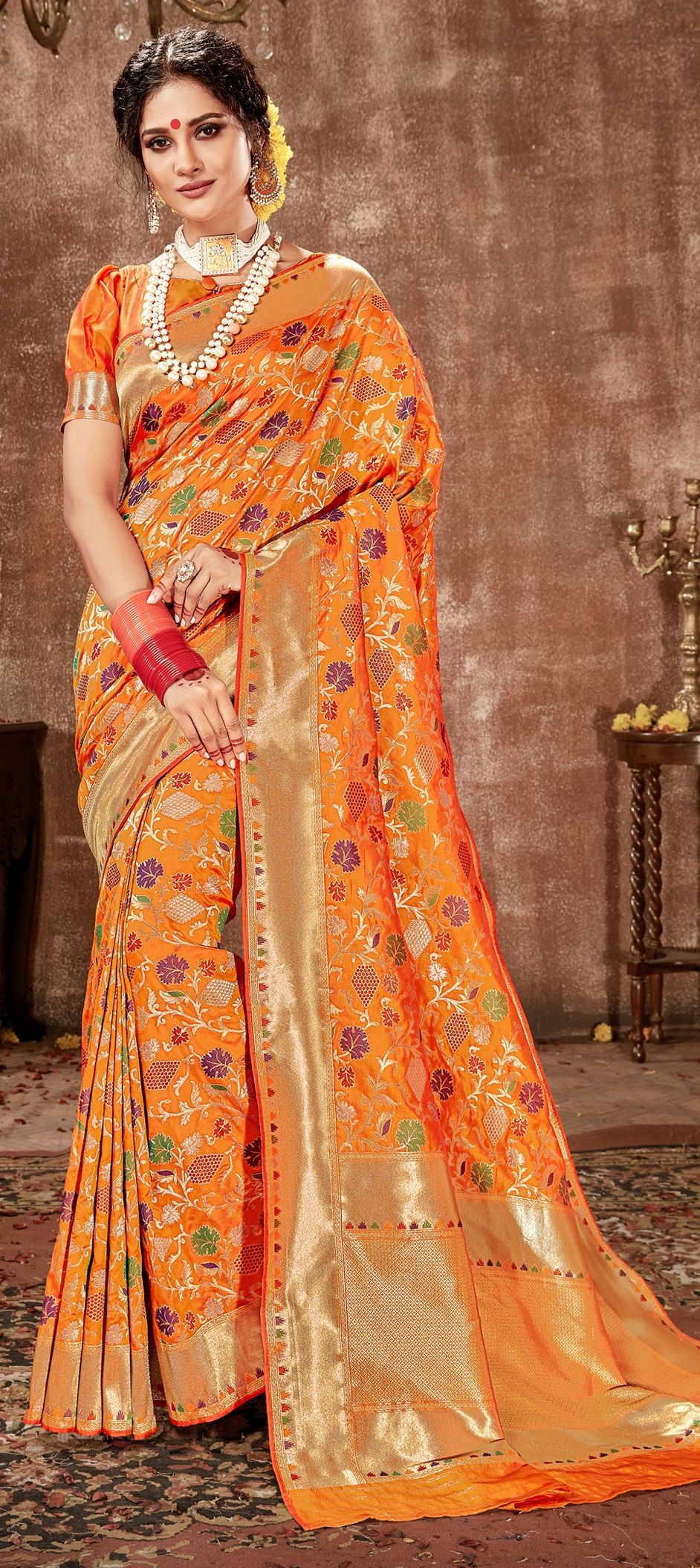 1513737: Traditional Orange color Banarasi Silk fabric Saree