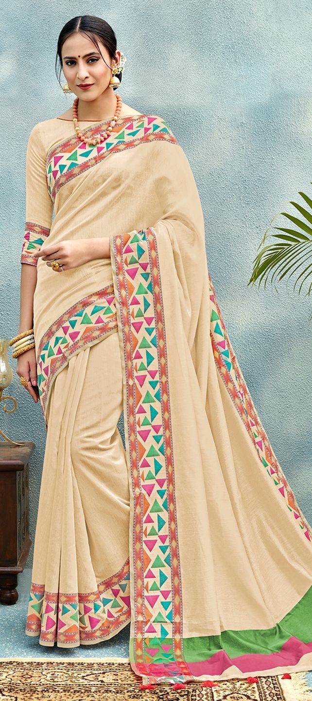 1513756: Traditional Beige and Brown color Chanderi Silk, Cotton fabric ...