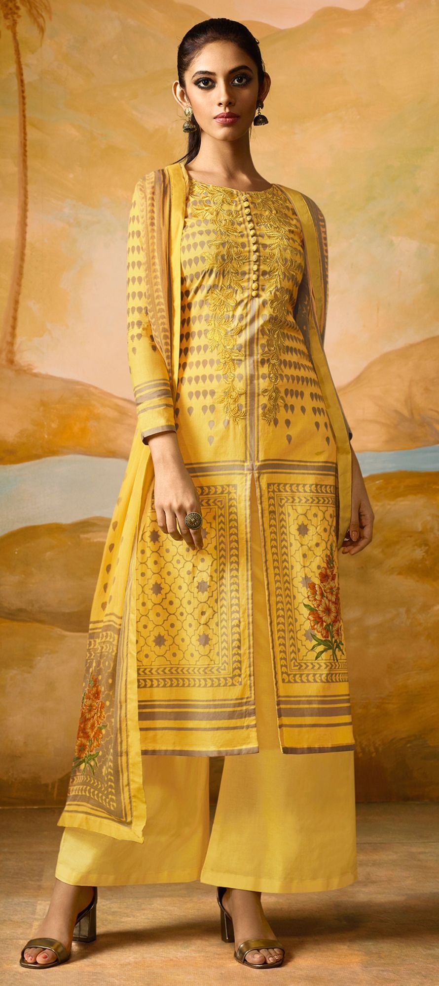 1513945: Party Wear Yellow color Cotton fabric Salwar Kameez