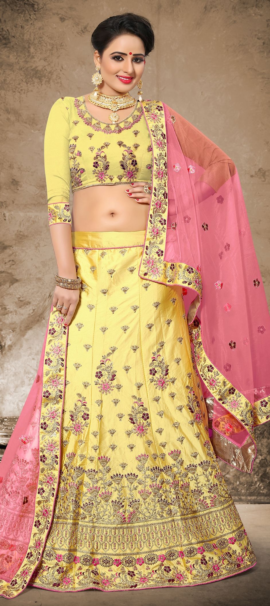 1514133: Bridal, Wedding Yellow color Satin Silk, Silk fabric Lehenga