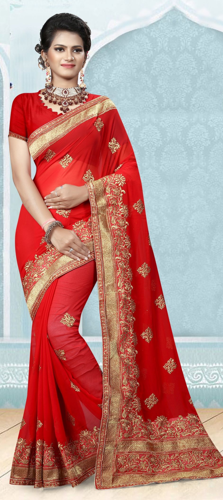 1514244: Traditional Red and Maroon color Faux Georgette fabric Saree