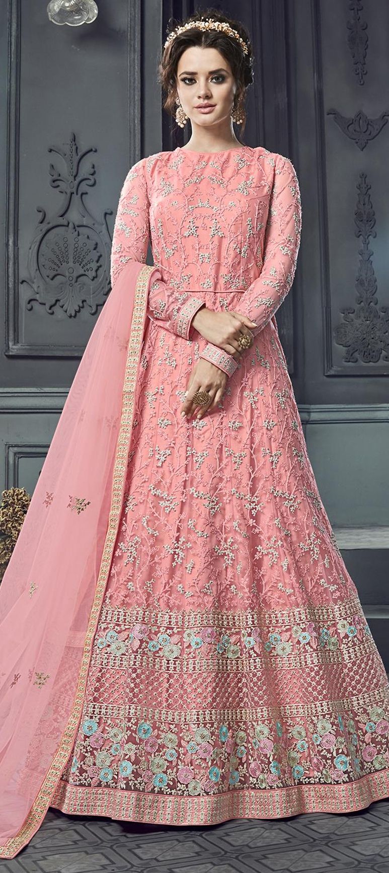1518380: Party Wear Pink and Majenta color Net fabric Gown