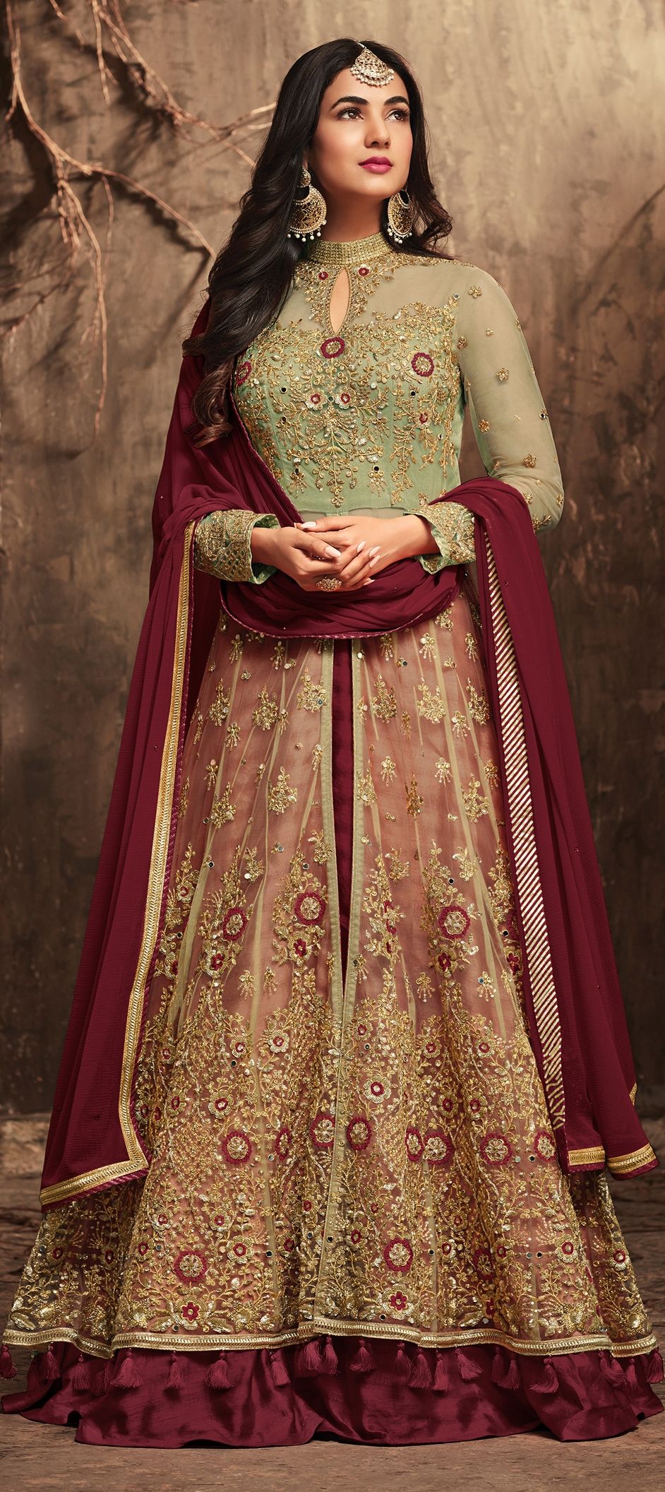 1518462: Bollywood Beige and Brown color Net fabric Long Lehenga Choli