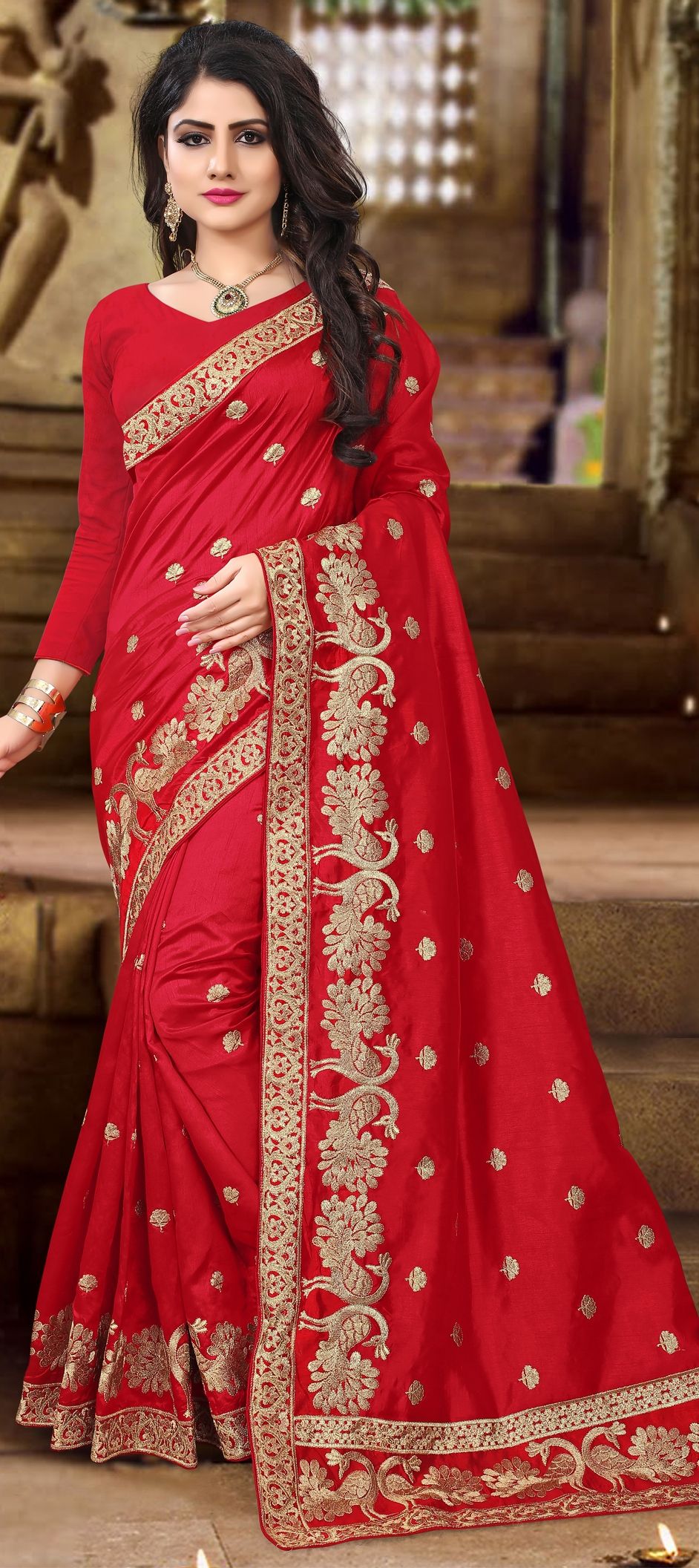 Traditional Red and Maroon color Silk, Zoya Silk fabric Saree : 1519826