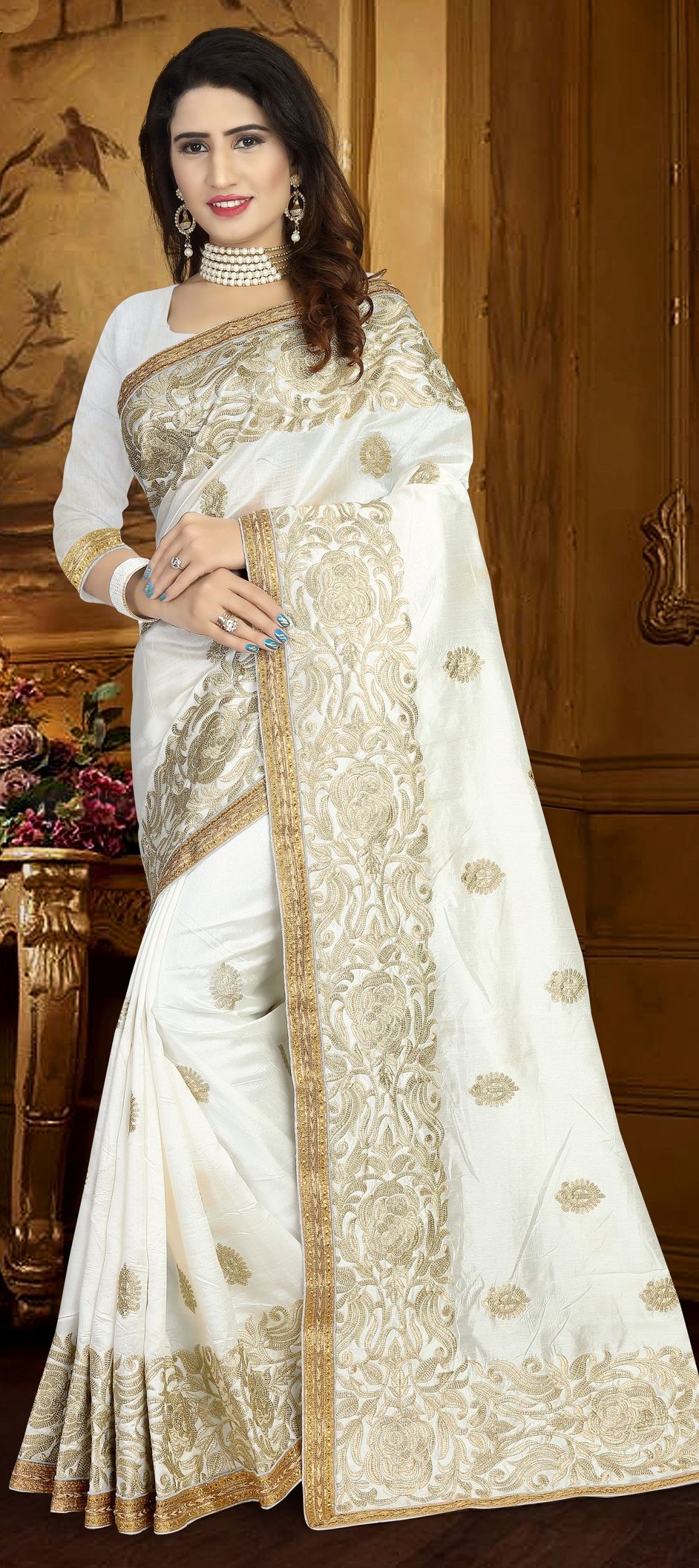 1519856: Traditional White and Off White color Silk fabric Saree