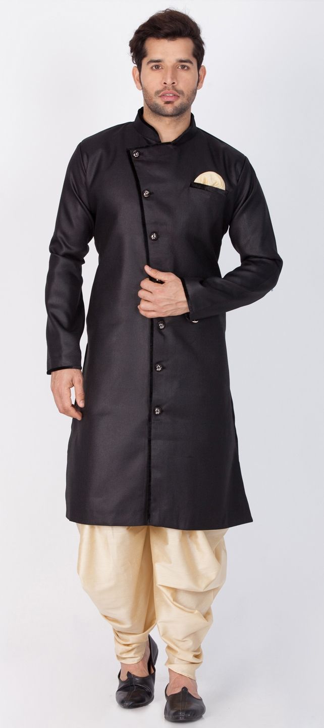Black and Grey color Blended Cotton fabric Dhoti Sherwani : 1520919