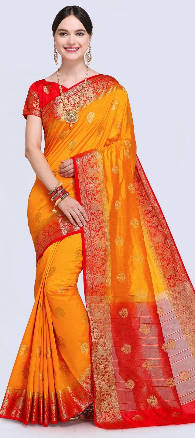 1521764: Traditional Orange color Blended fabric Saree