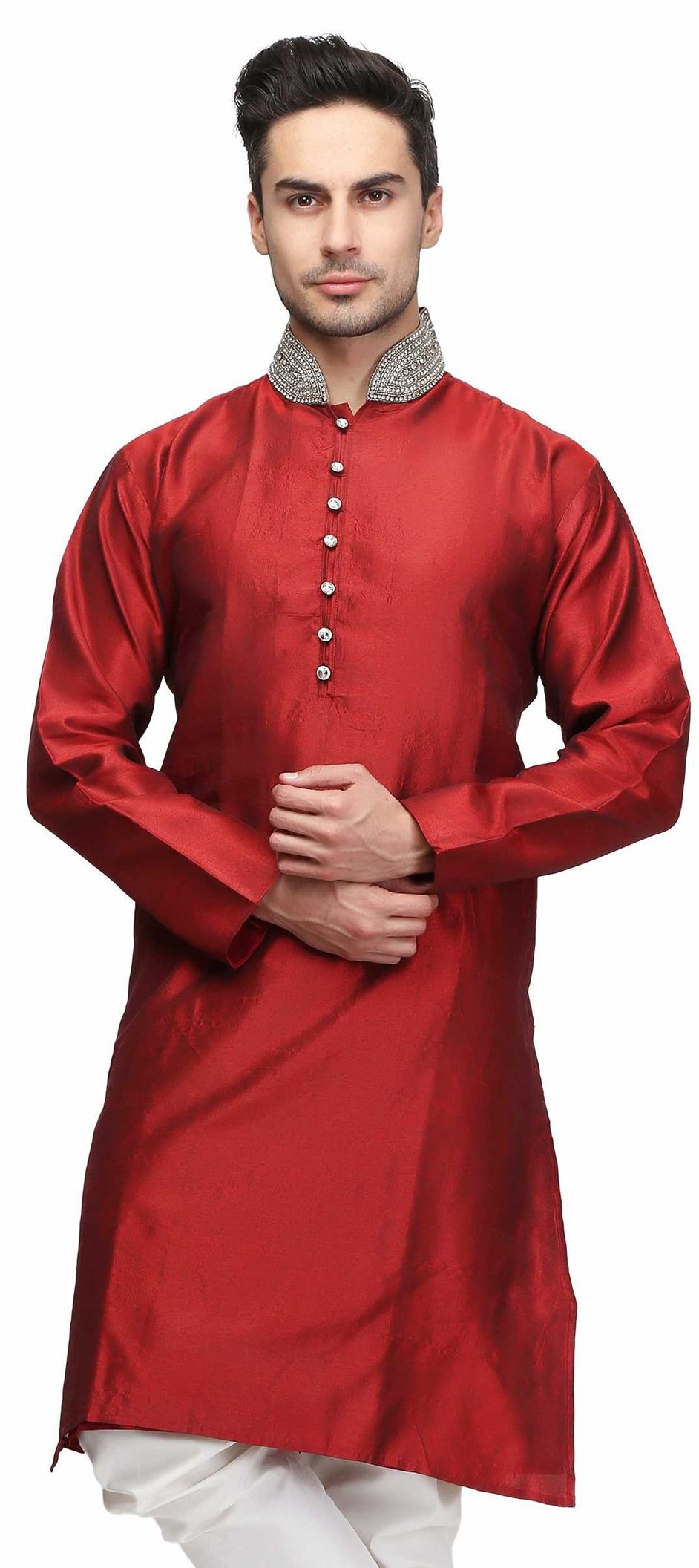1523916: Red and Maroon color Raw Silk fabric Kurta