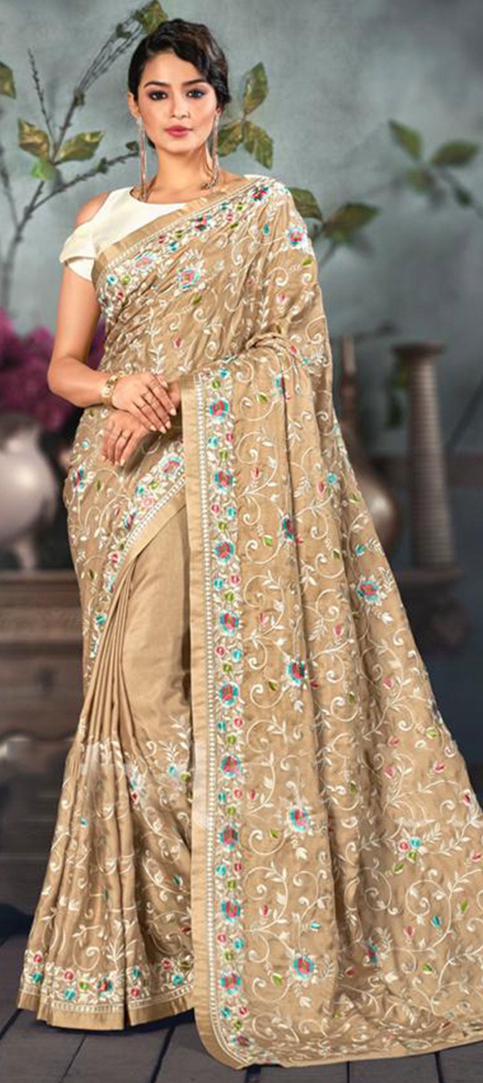 1525340: Party Wear, Traditional Beige and Brown color Satin Silk, Silk ...