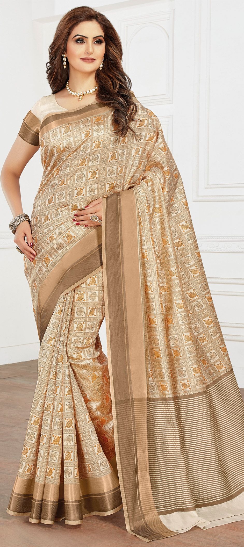 1525365: Traditional Beige and Brown color Silk, Tussar Silk fabric Saree
