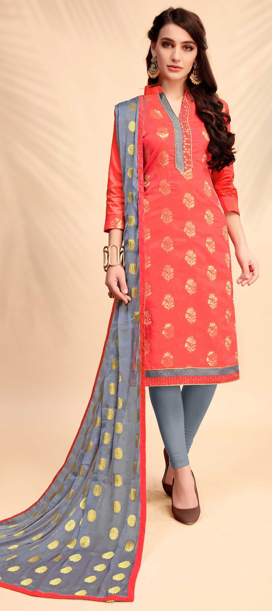 Casual Orange color Banarasi Silk fabric Salwar Kameez : 1525414