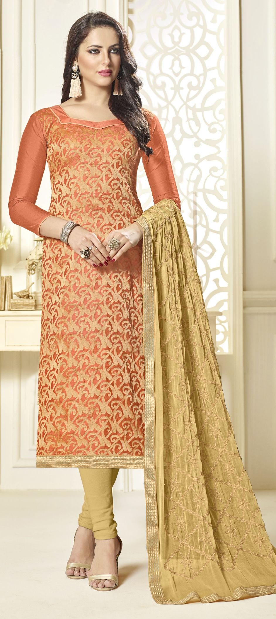 1525738: Party Wear Orange color Banarasi Silk, Jacquard fabric Salwar ...