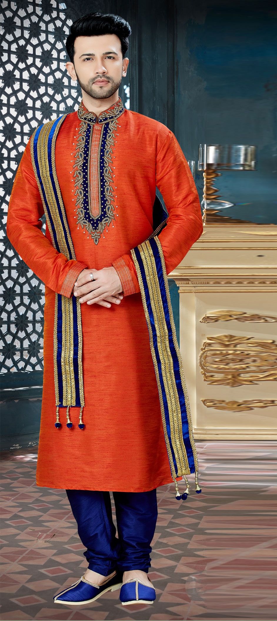 1525770: Orange color Bangalore Silk fabric Kurta Pyjamas