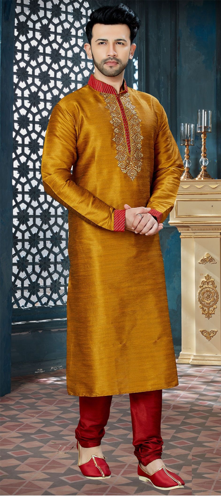 1525773: Gold color Bangalore Silk fabric Kurta Pyjamas