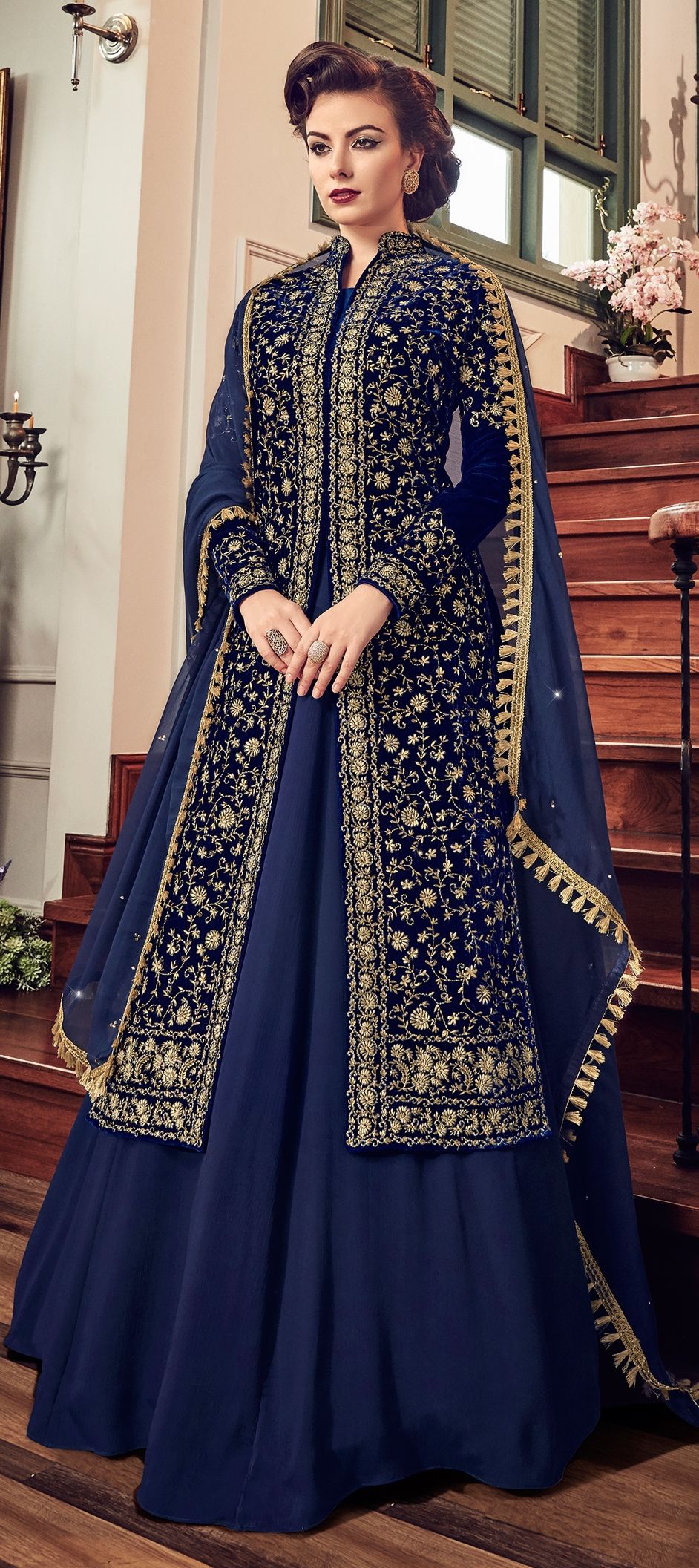 1526053: Wedding Blue color Georgette, Velvet fabric Long Lehenga Choli