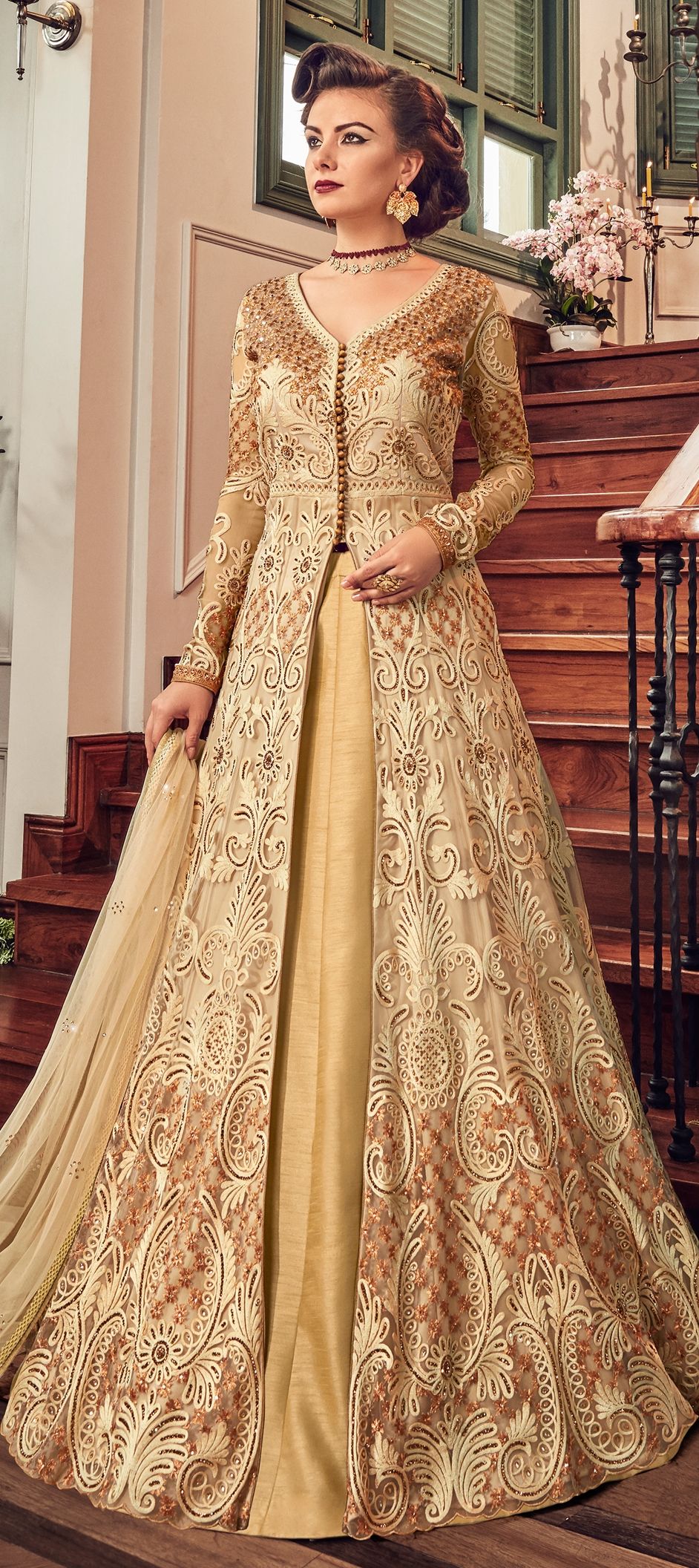1526056: Wedding Beige and Brown color Net fabric Long Lehenga Choli