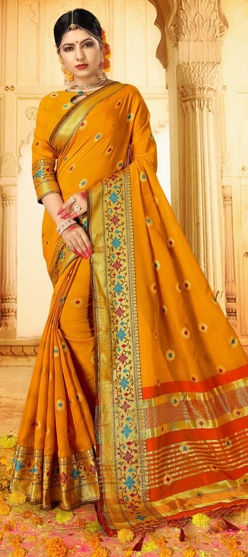 1526665: Traditional Orange color Art Silk, Silk fabric Saree
