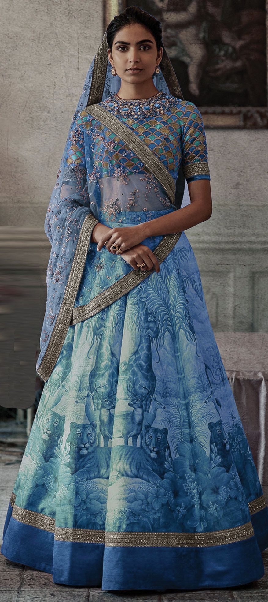 1527090: Mehendi Sangeet Blue color Silk fabric Lehenga