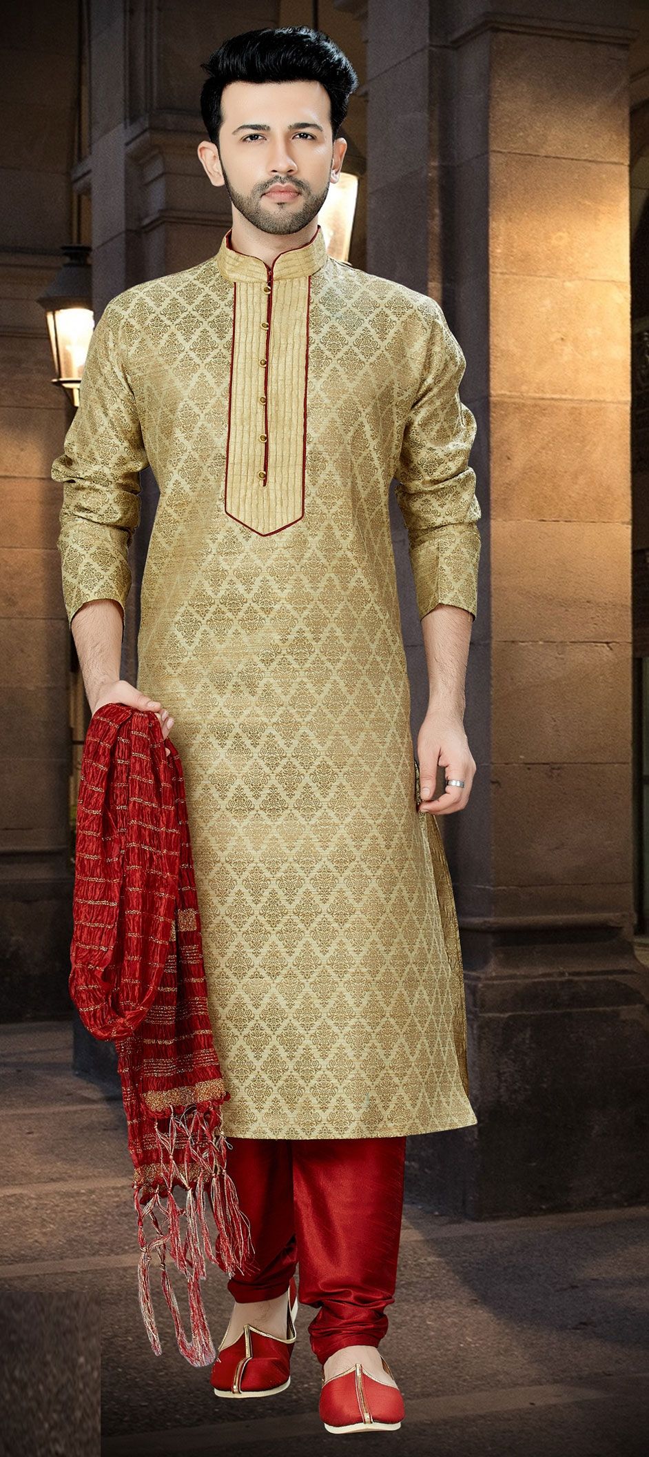 1528324: Beige and Brown color Jacquard fabric Kurta Pyjamas