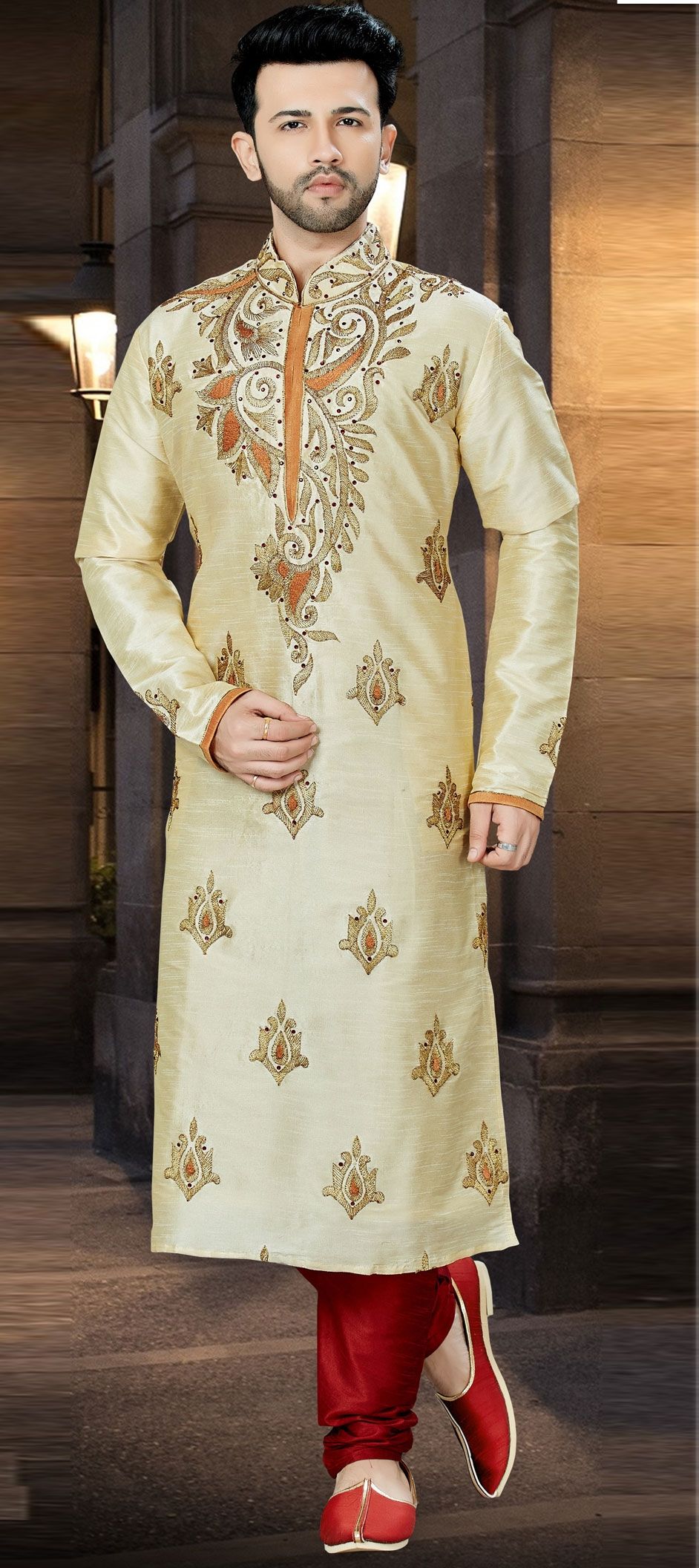 1528359: Beige and Brown color Art Dupion Silk fabric Kurta Pyjamas