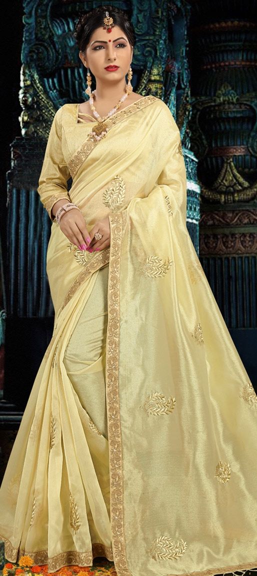 Party Wear, Traditional Gold color Organza Silk, Silk fabric Saree ...