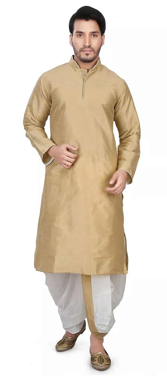 Gold color Art Dupion Silk fabric Dhoti Kurta : 1529398