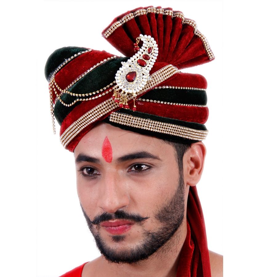 1529789: Green, Red and Maroon color Velvet fabric Turban