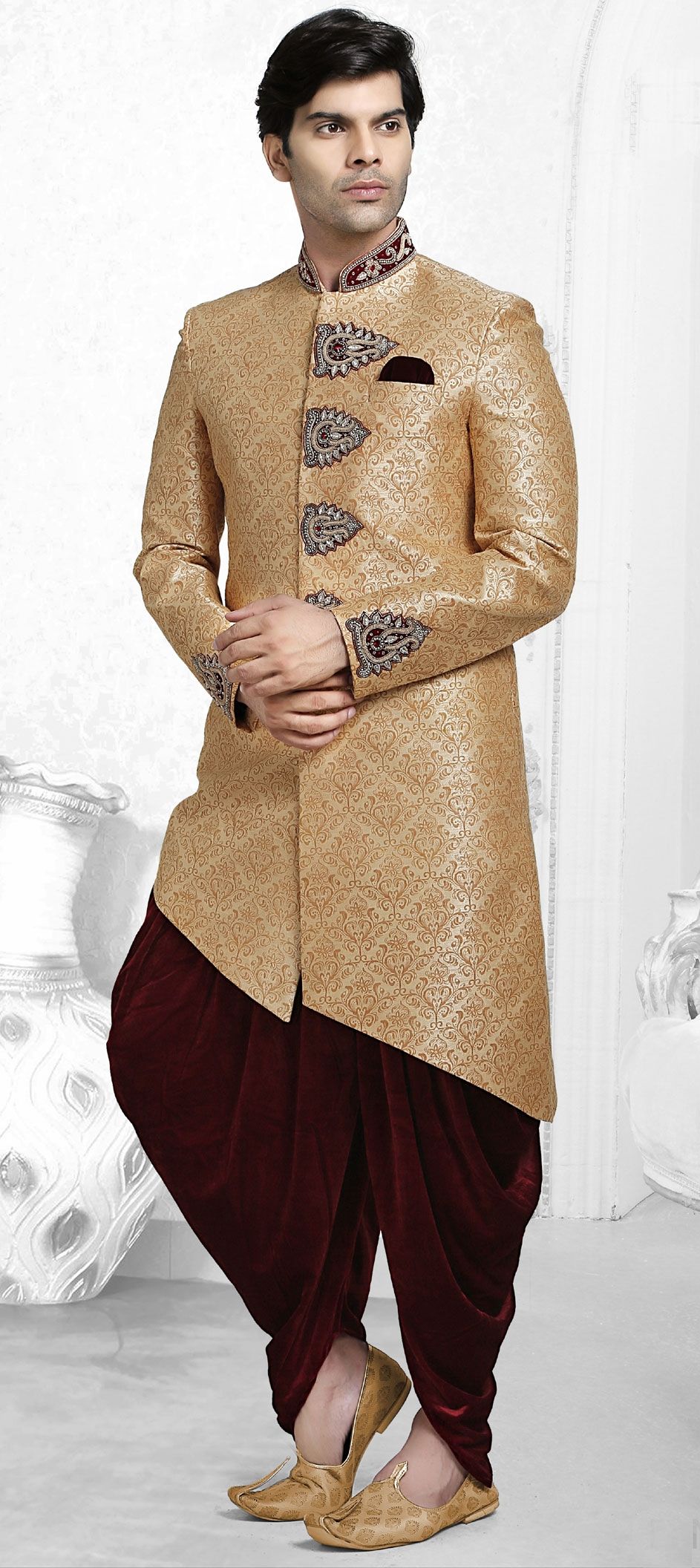 1530135: Beige and Brown color Brocade fabric IndoWestern Dress