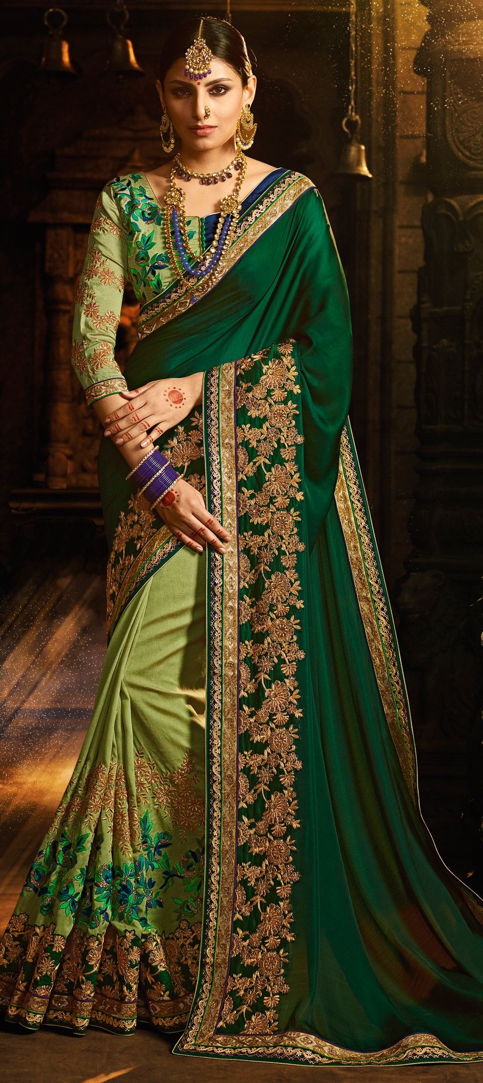 1532079: Party Wear Green color Crepe Silk, Khadi fabric Saree