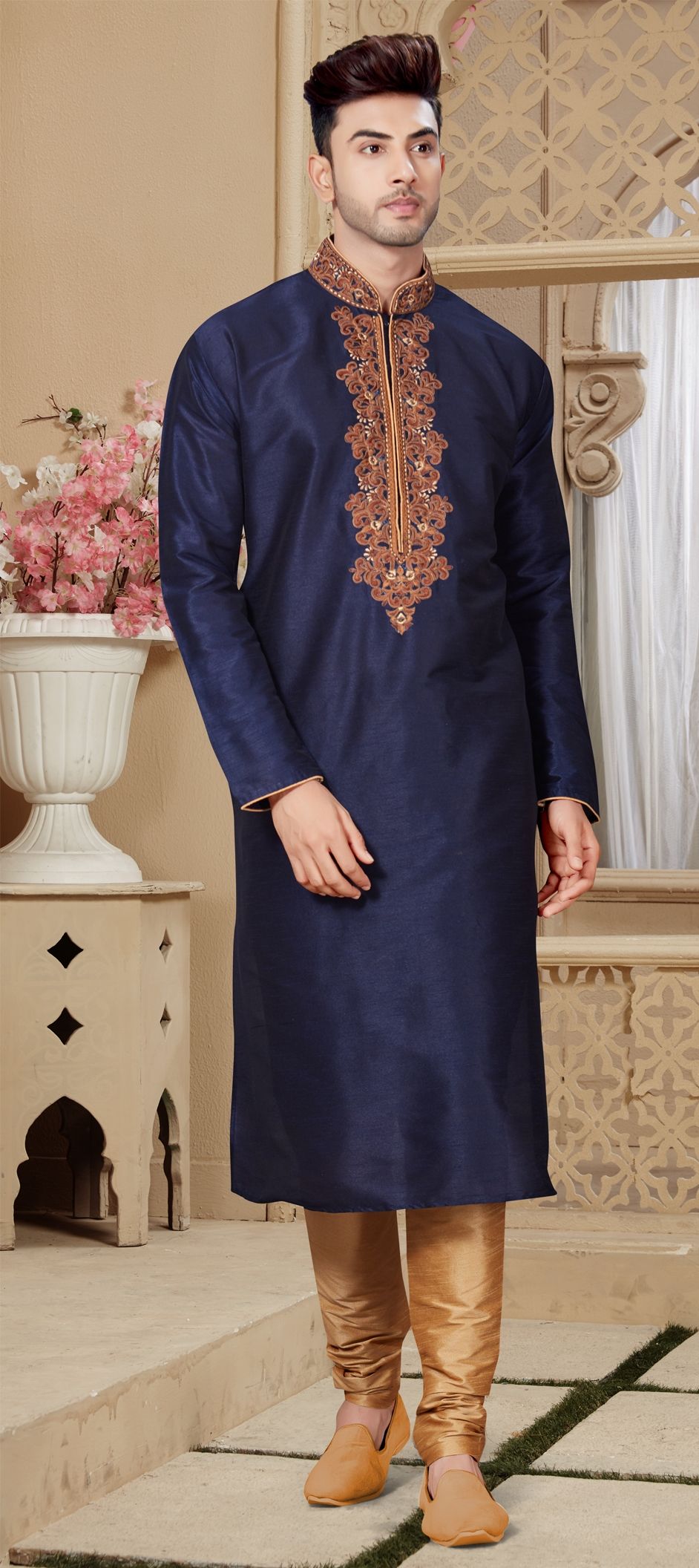 Blue color Art Dupion Silk fabric Kurta Pyjamas : 1532222