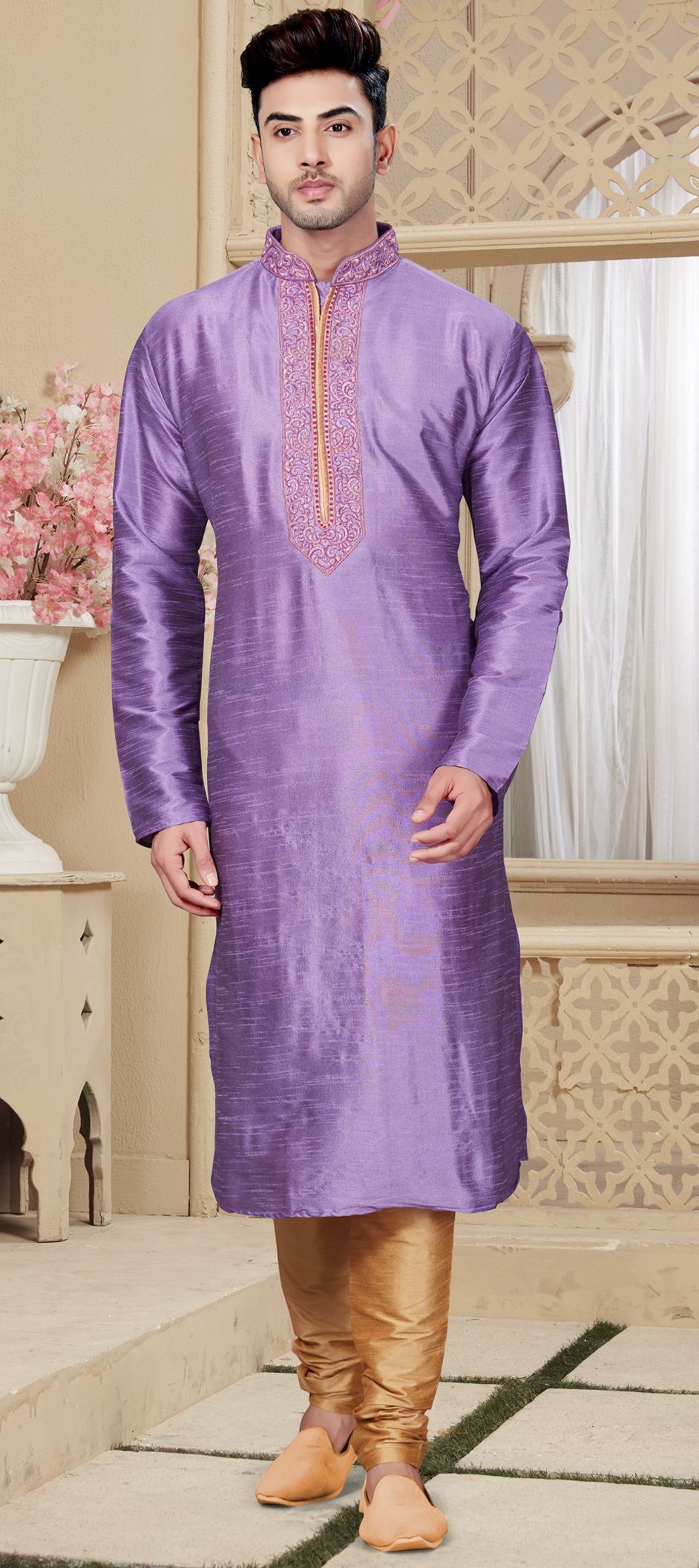 1532230: Purple and Violet color Art Dupion Silk fabric Kurta Pyjamas