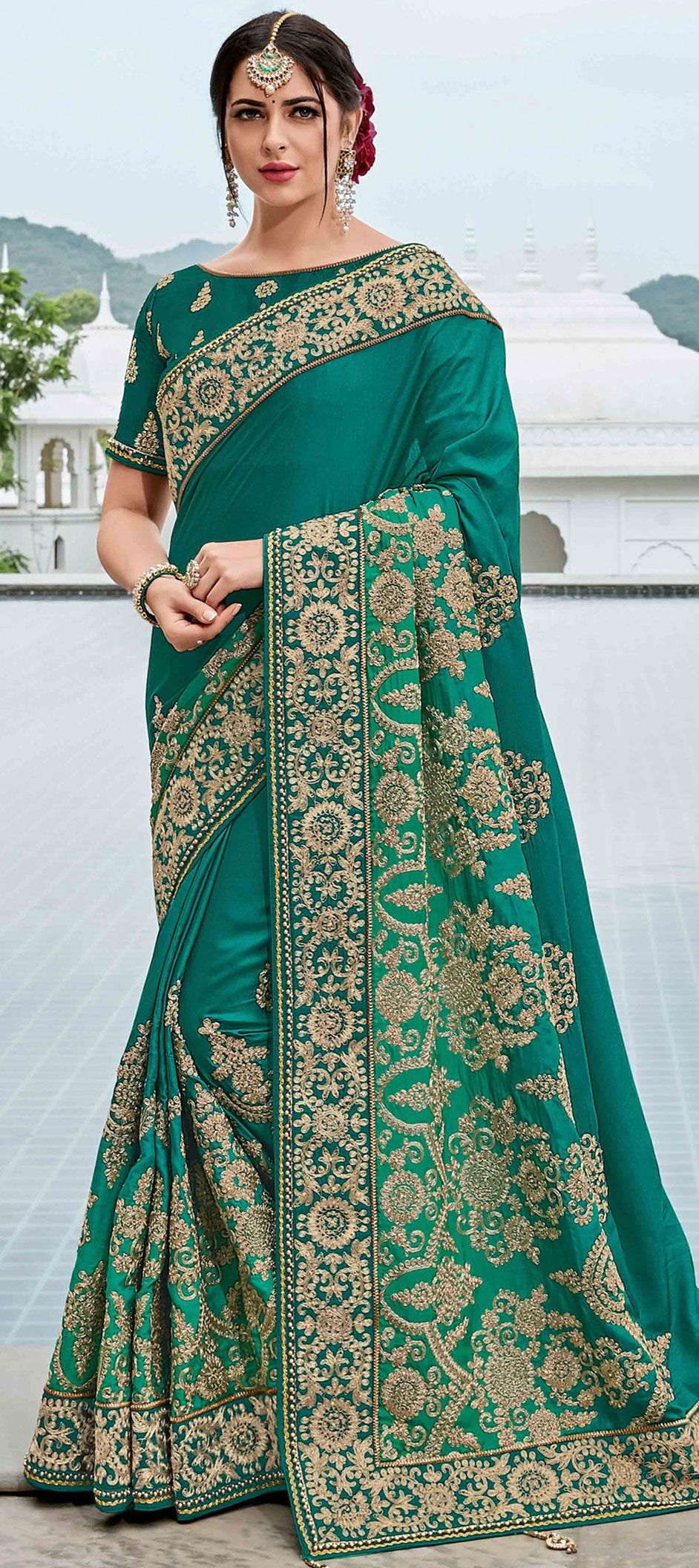 1533550: Engagement, Traditional Green color Silk, Two Ton Silk fabric ...