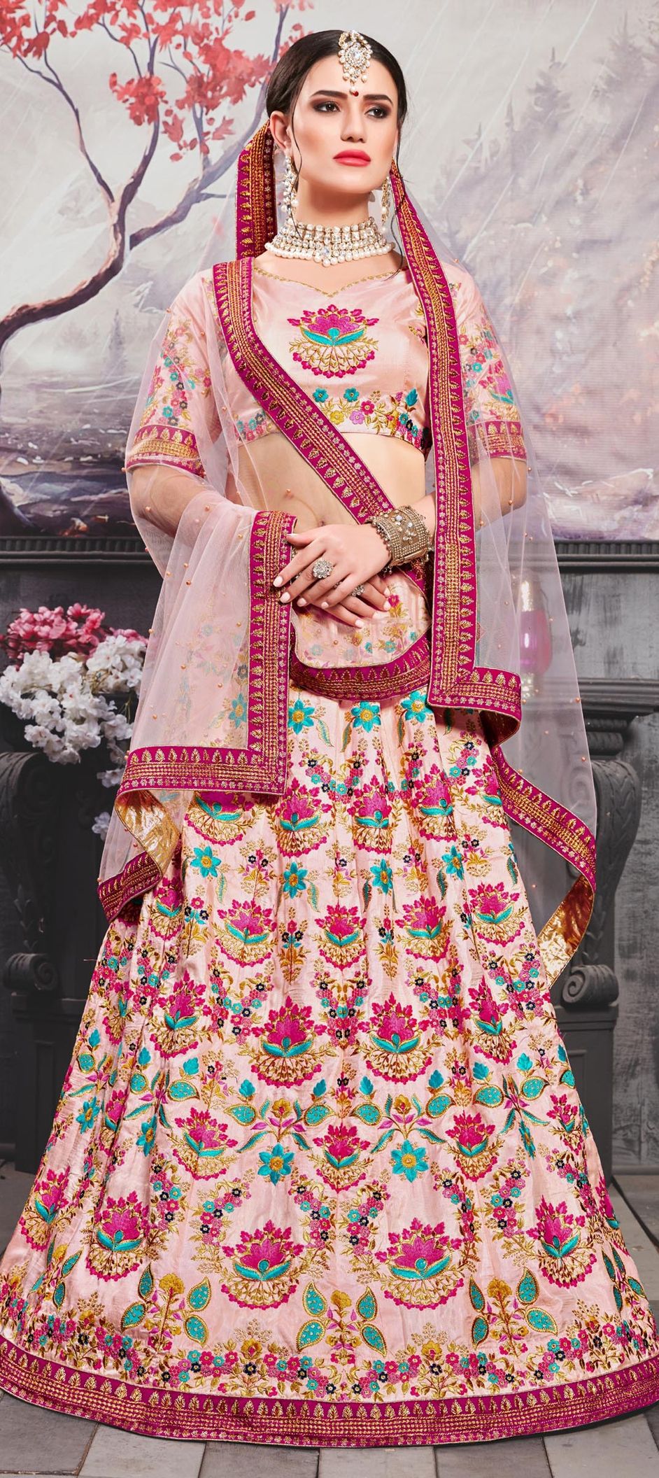 1534199: Wedding Pink and Majenta color Silk fabric Lehenga