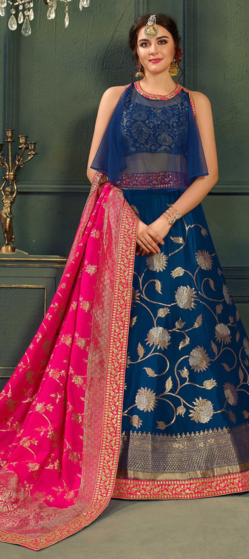 1534758: Mehendi Sangeet, Wedding Blue color Silk fabric Lehenga