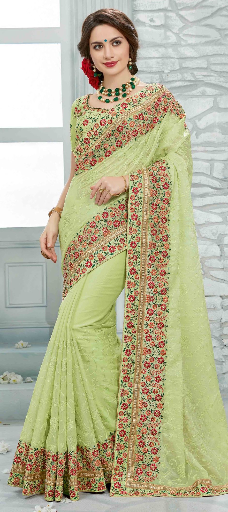 1534975: Party Wear Green color Net fabric Saree
