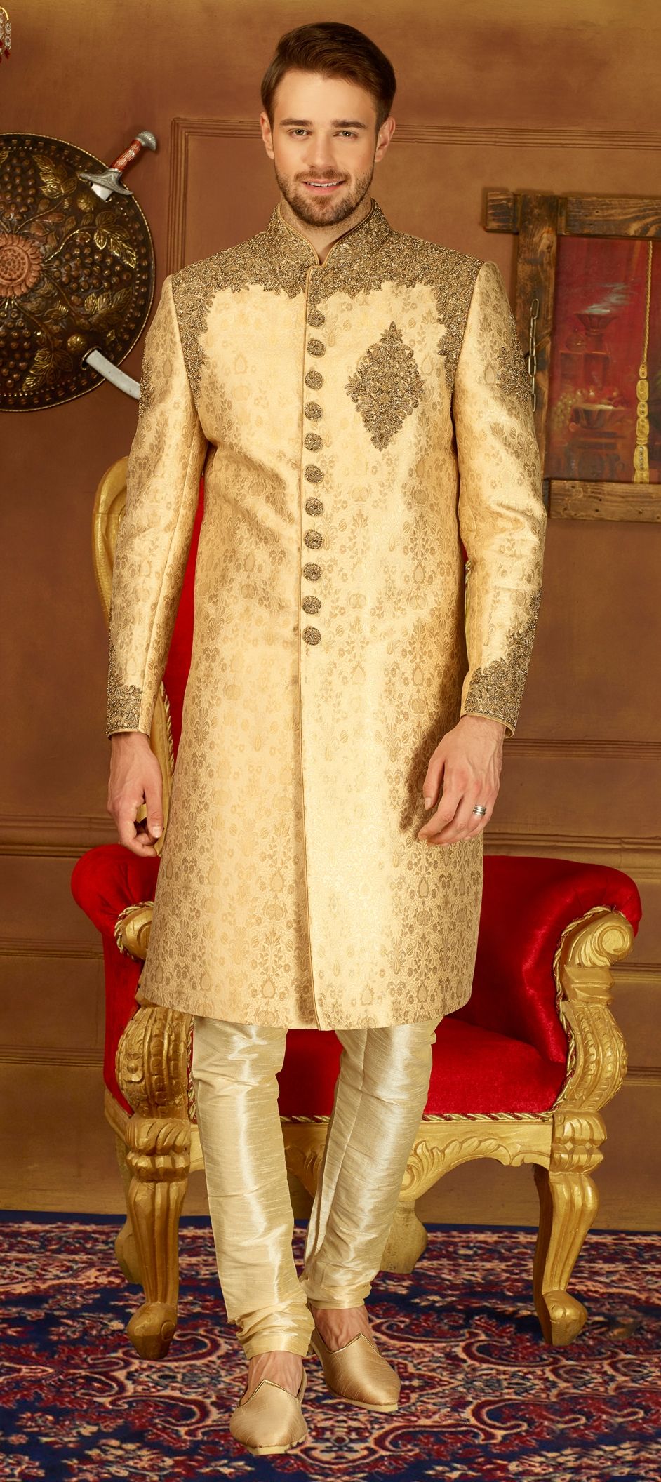 1535539: Beige and Brown color Brocade, Jacquard fabric Sherwani