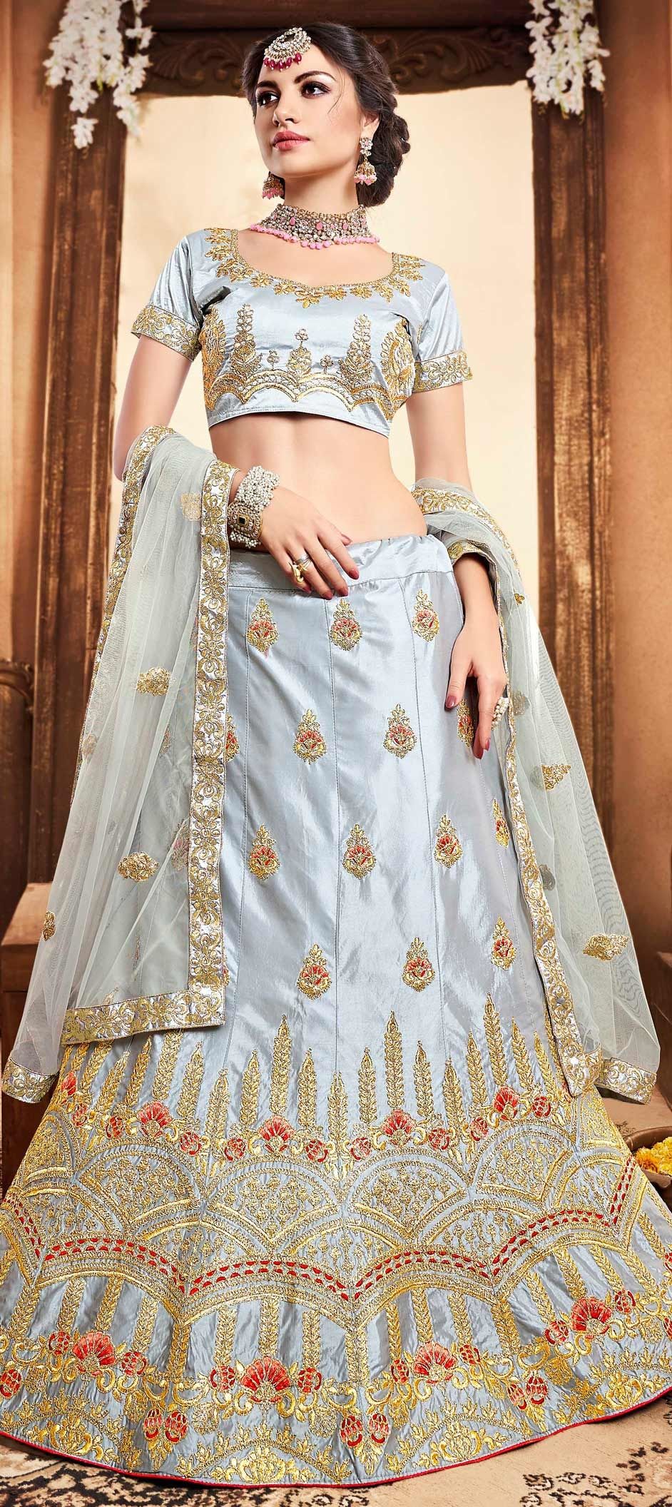Mehendi Sangeet Black and Grey color Silk fabric Lehenga : 1535632